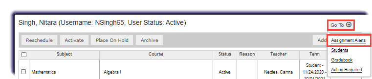 Viewing a Student's Assignment Alerts – Ignitia
